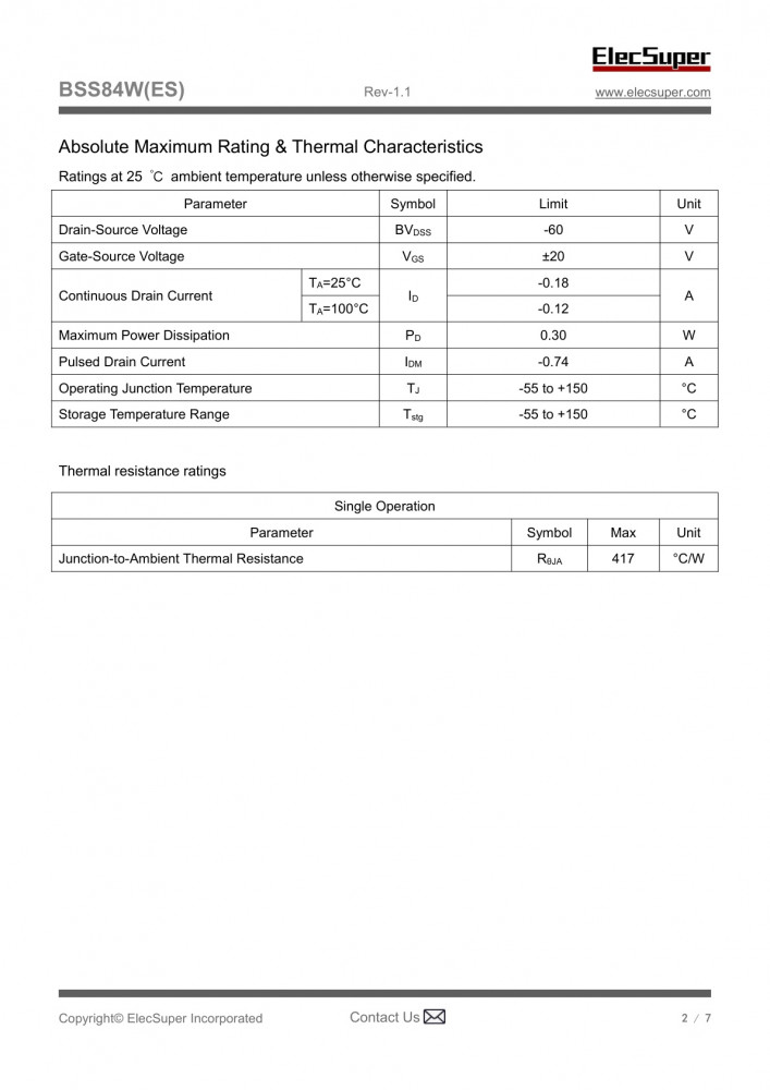 BSS84W(ES) datasheet page 2