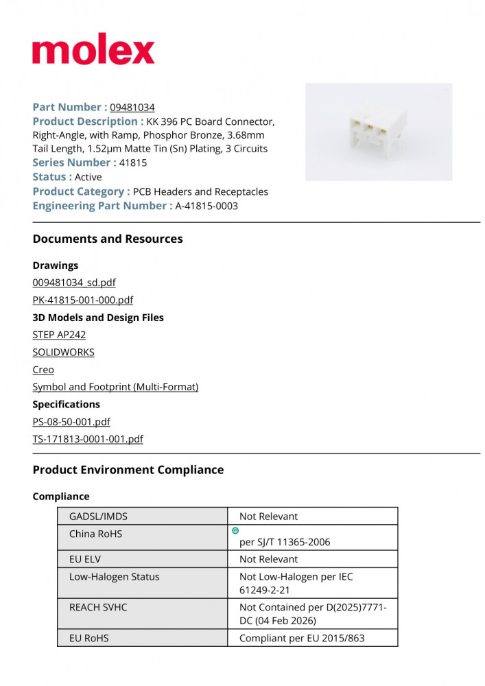 MOLEX KK 396 product specification page 1