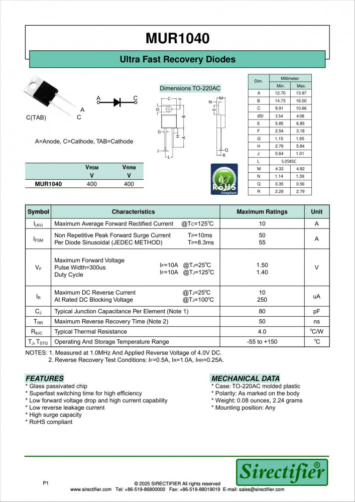 MUR1040 datasheet page 1