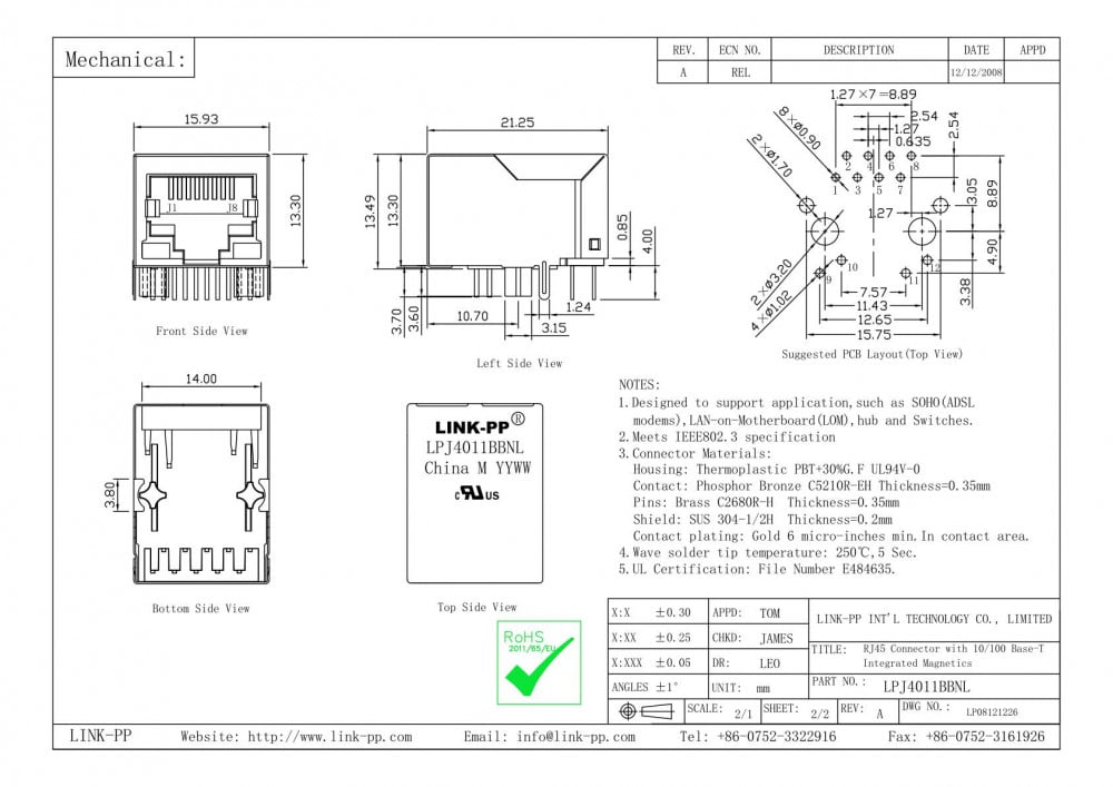 LPJ4011BBNL mechanical drawing and PCB layout page