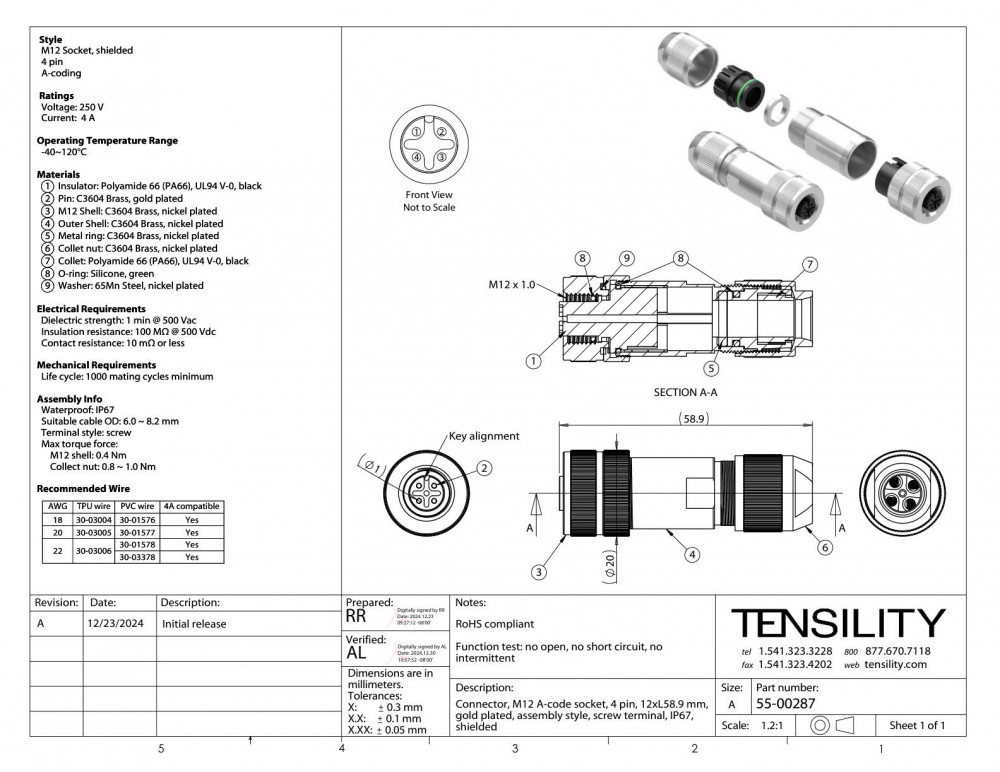 Tensility International 55-00287 M12 A-coded 4-pin shielded socket product drawing