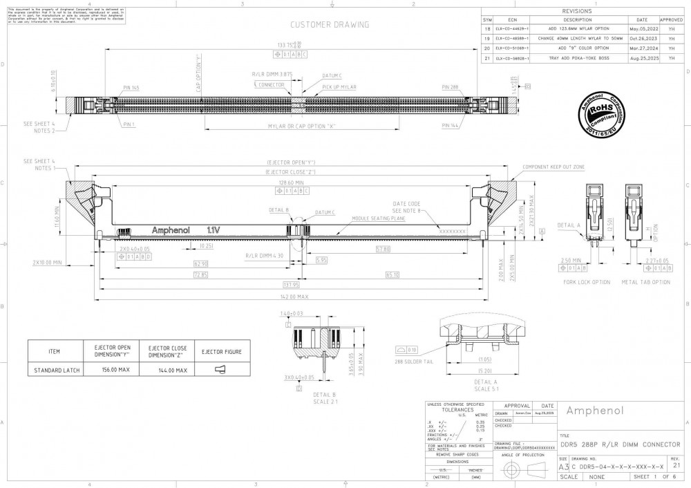 DDR5 288-pin DIMM connector drawing, sheet 1