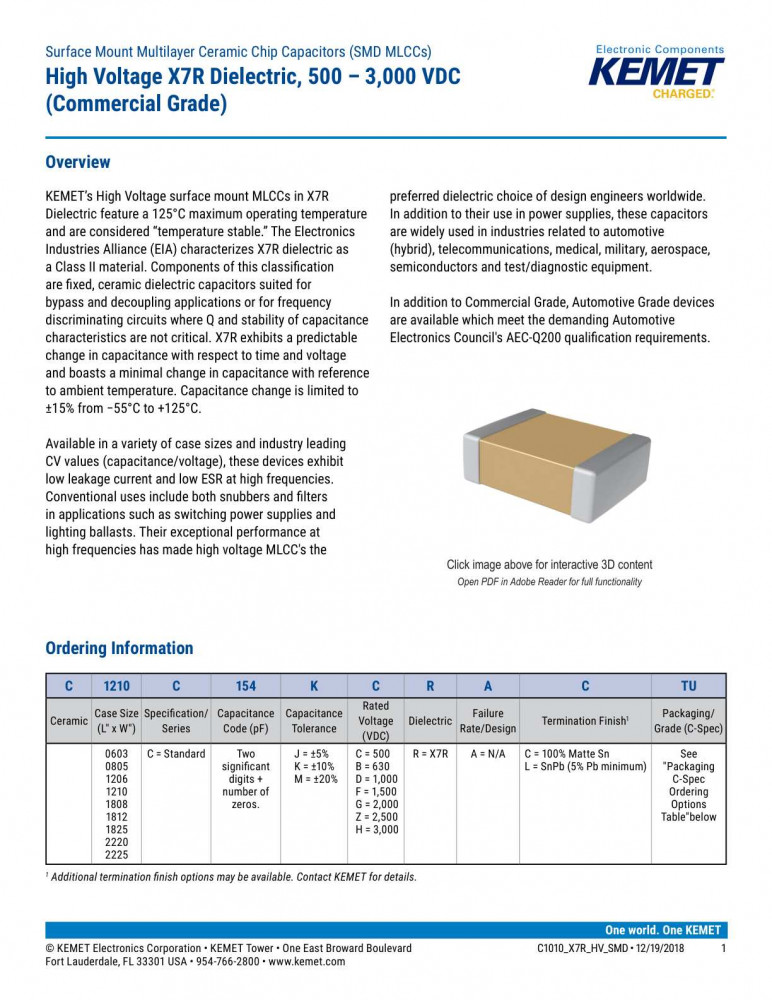 KEMET high-voltage MLCC datasheet page 1