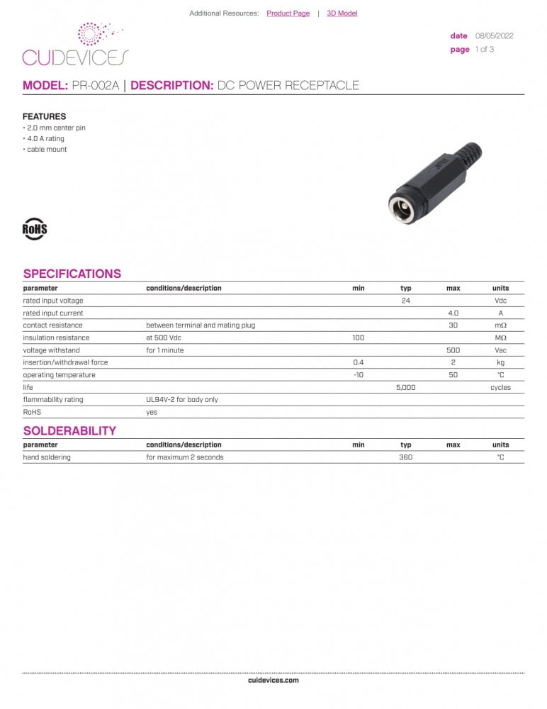 CUI PR-002A datasheet page 1