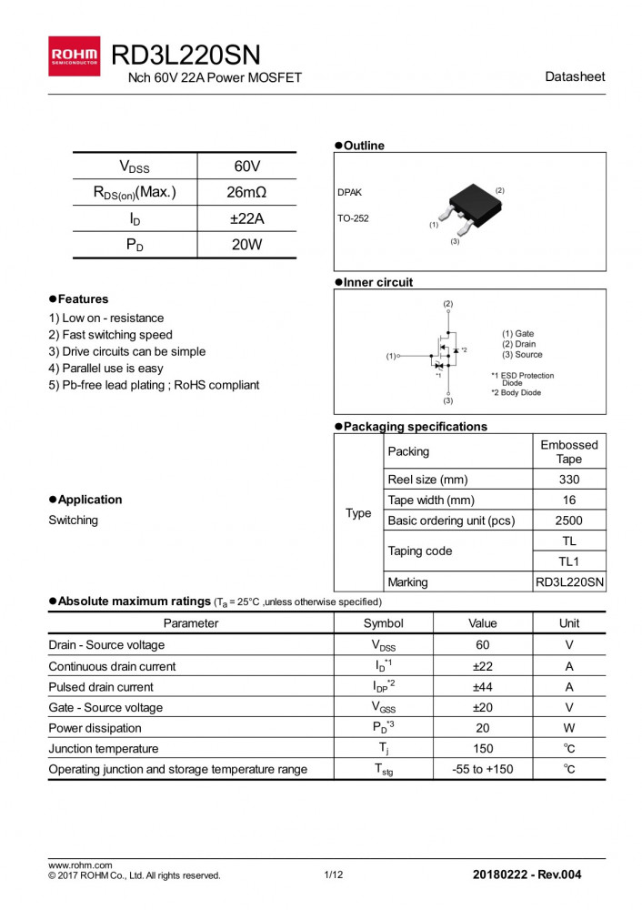 RD3L220SNTL1 datasheet page 1