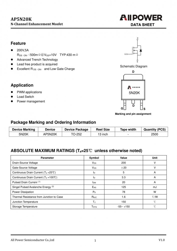 AP5N20K datasheet page 1