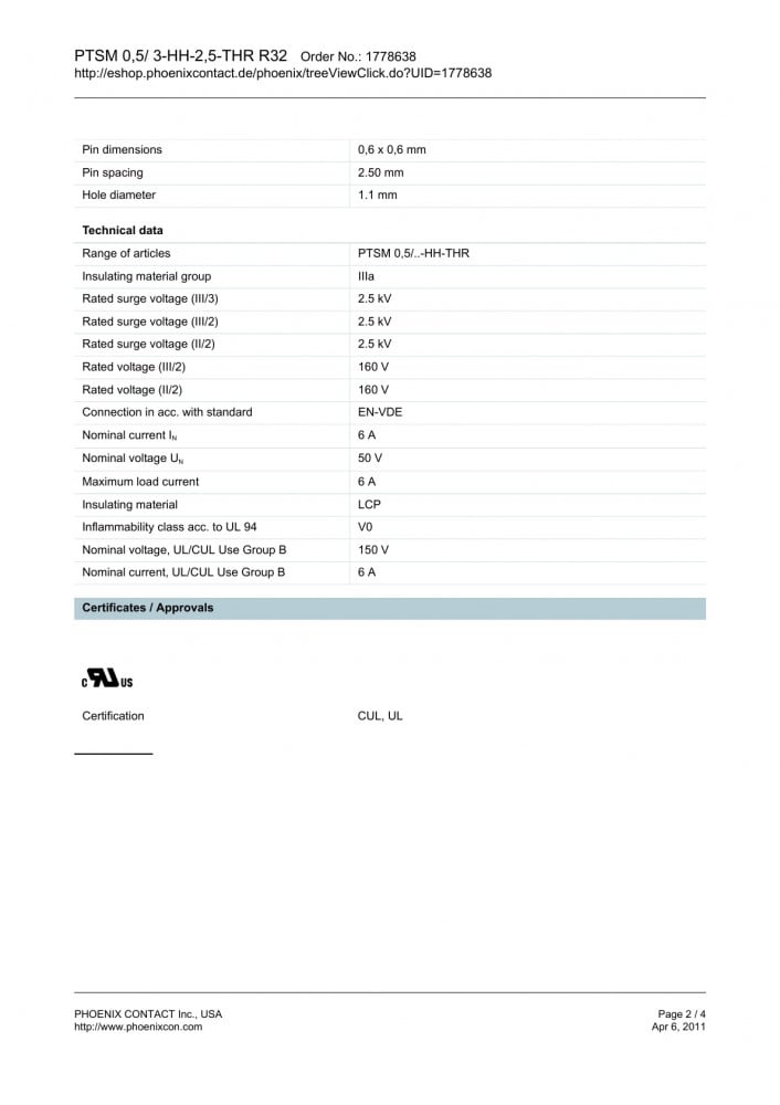 Phoenix Contact 1778638 technical data