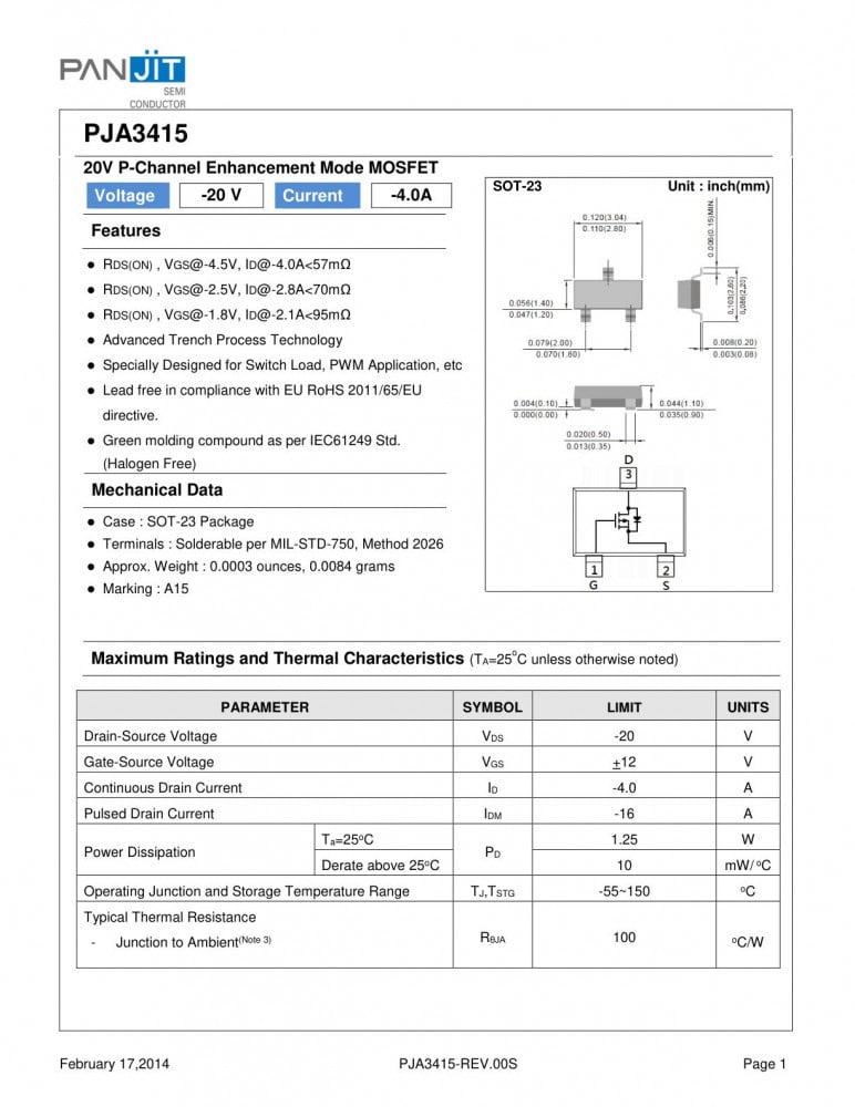 PJA3415 datasheet page 1
