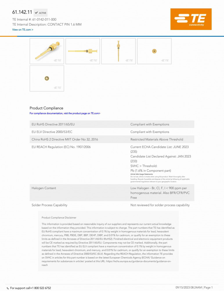 TE Connectivity 61.142.11 technical document page 1