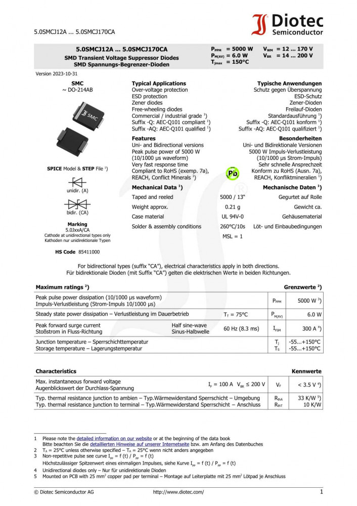 DIOTEC 5.0SMCJ series datasheet page 1