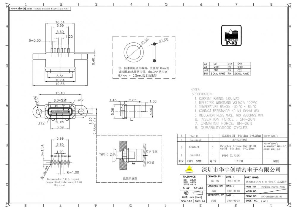 HOAUC HYCW259-USBC06-730B technical drawing