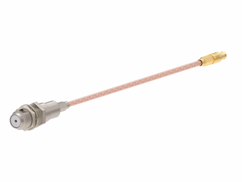 TNC Straight Bulkhead Jack Isolated Ground to MCRF Right-Angle Plug on 1.37mm Cable, 50.00mm Length, 50 Ohms