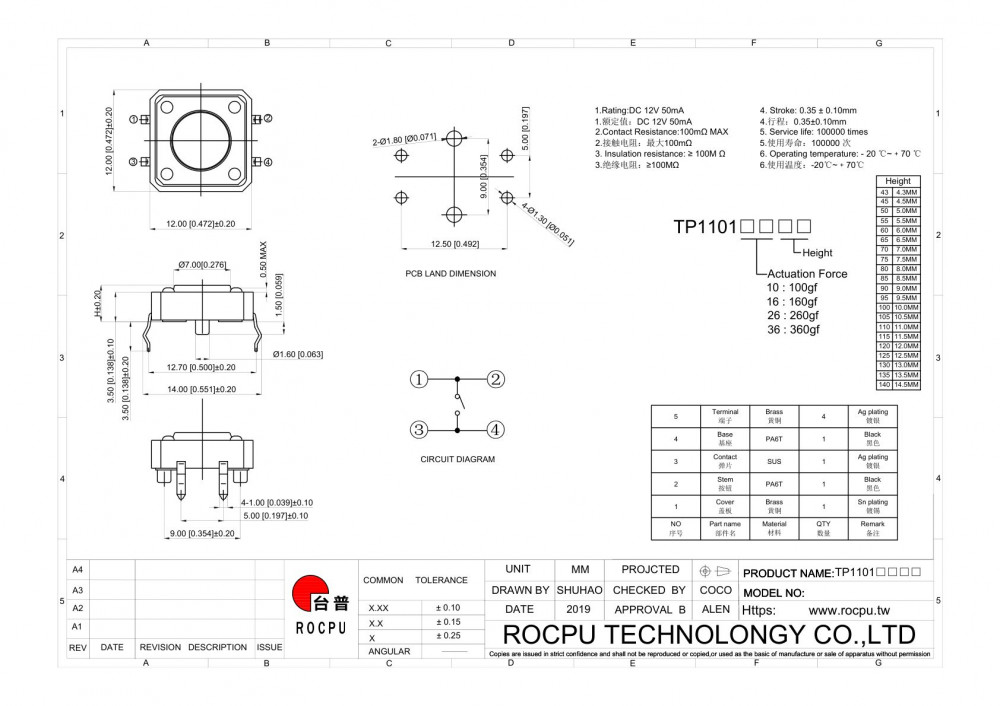 ROCPU TP110 product drawing, PCB land dimensions, circuit diagram and construction data