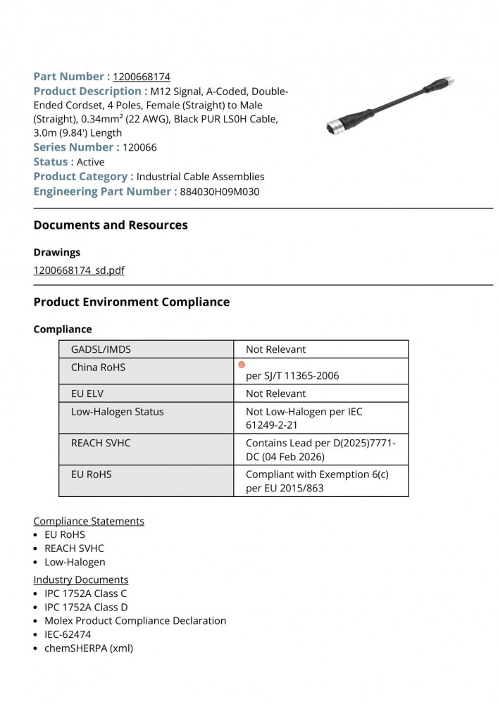 MOLEX 1200668174 product drawing, page 1
