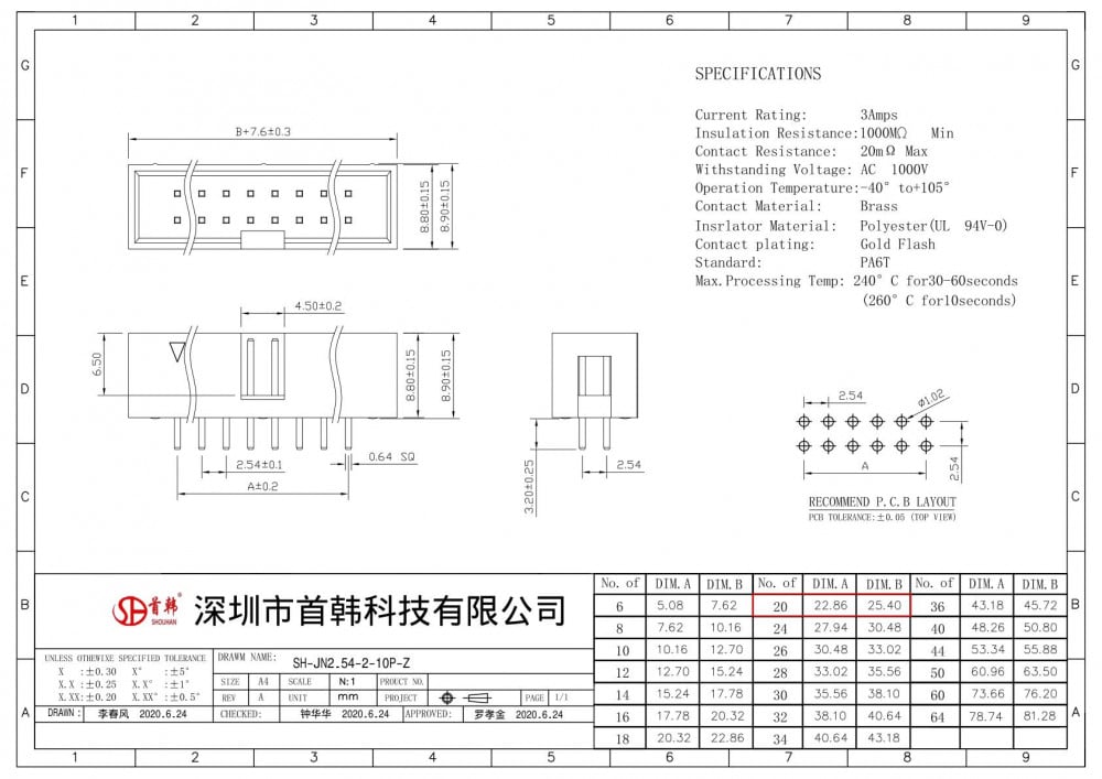 SH-JN2.54-2-10P-Z technical drawing preview