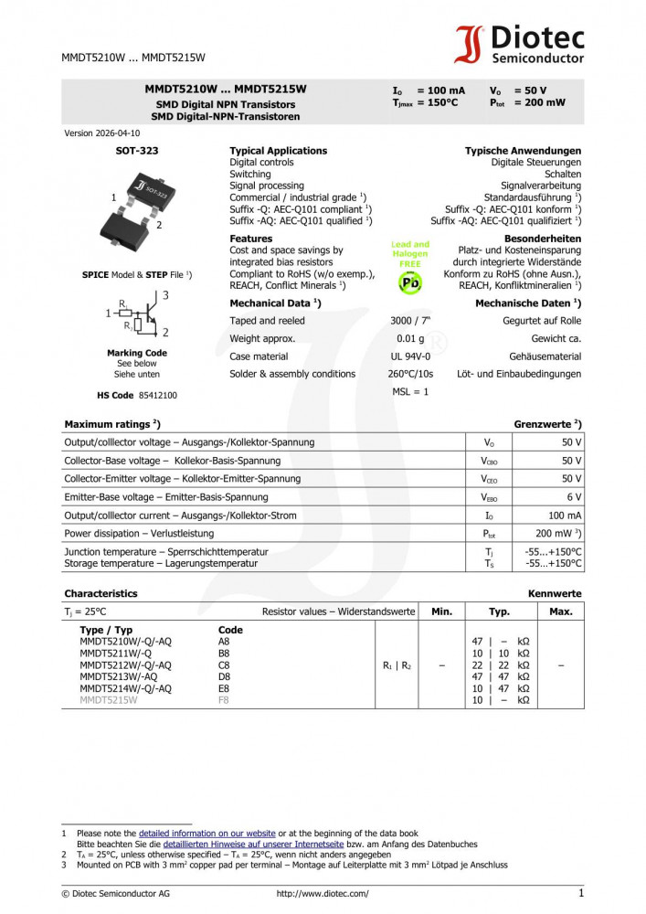 MMDT5214W datasheet page 1