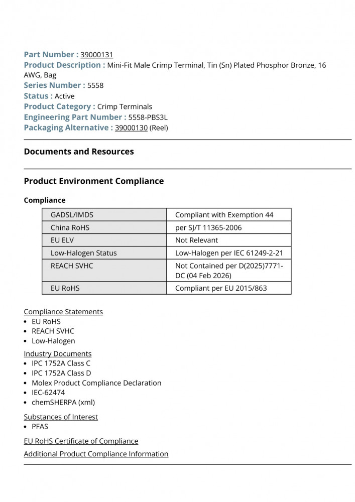 MOLEX MINI-FIT connector specification page 1