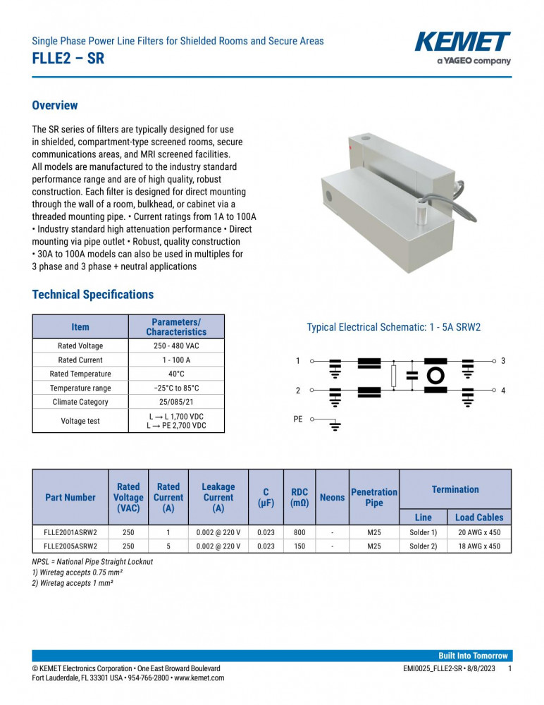 KEMET SR series filter datasheet page 1