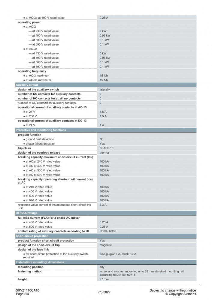 3RV21110CA10 datasheet page 2