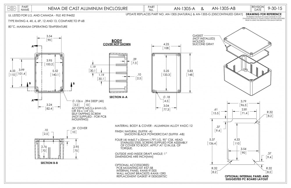 AN-1305-AB enclosure drawing and technical reference image