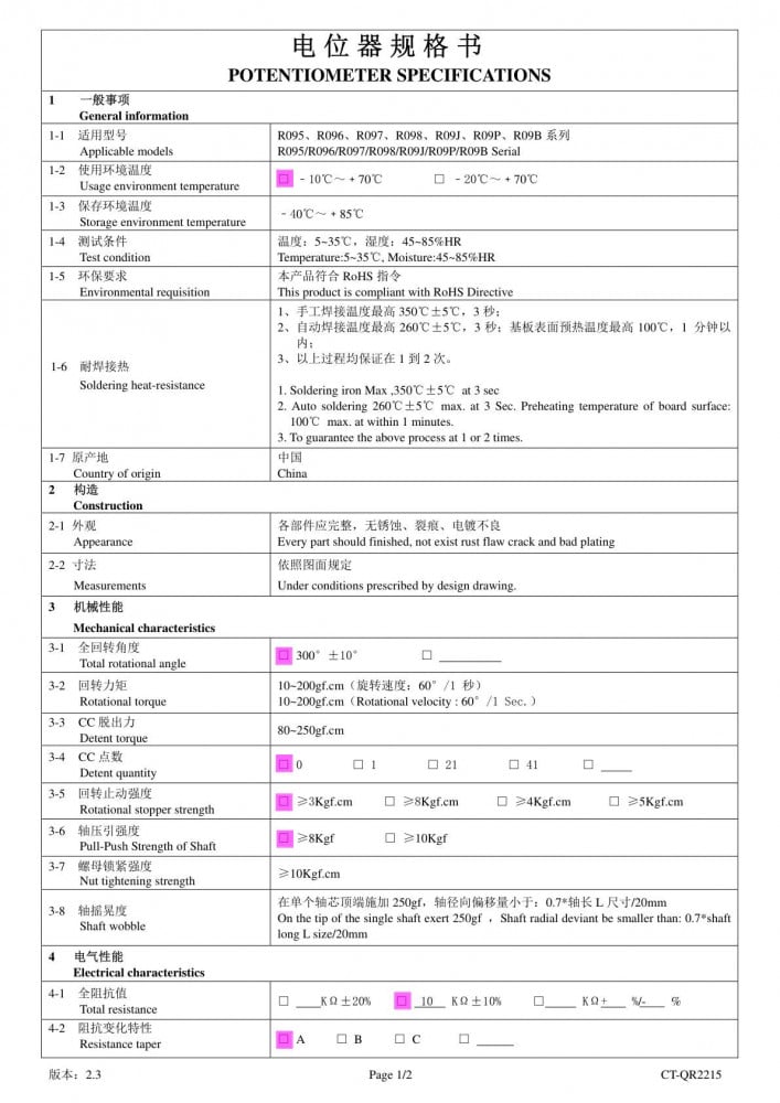 CTR potentiometer specification page 1