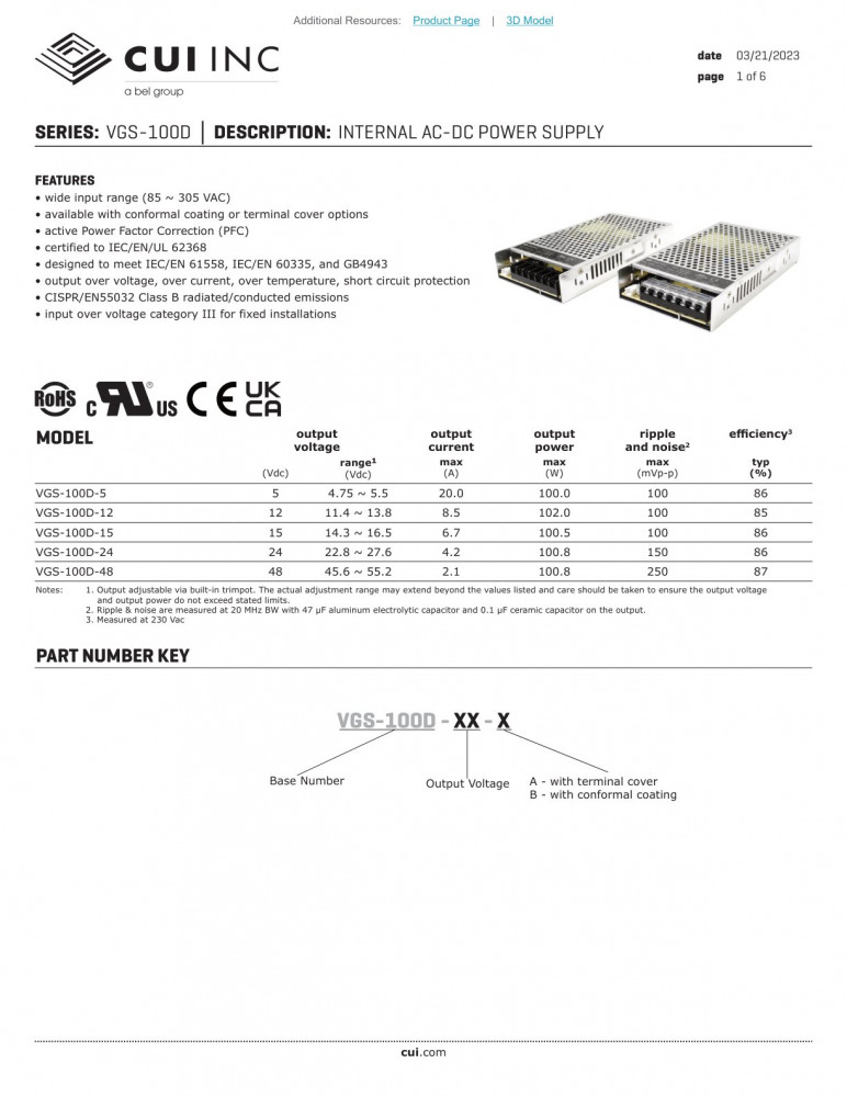 CUI VGS-100D datasheet page 1