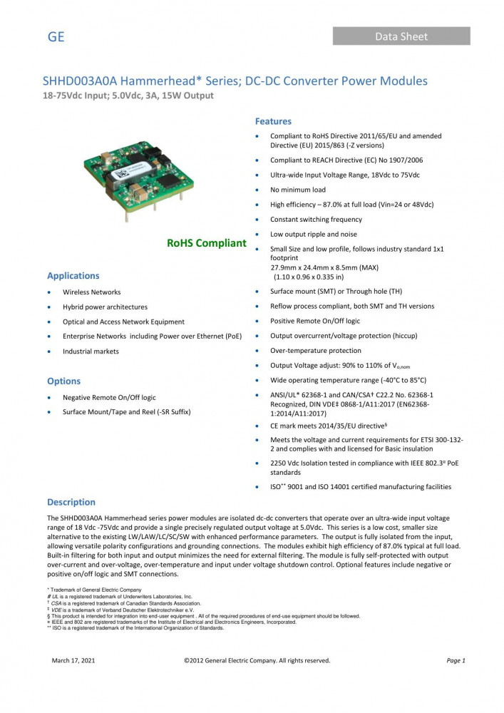 SHHD003A0A4Z datasheet page 1