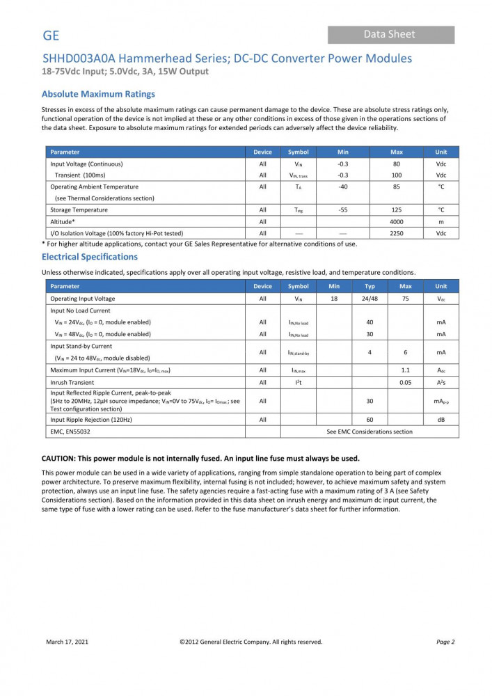SHHD003A0A4Z datasheet page 2
