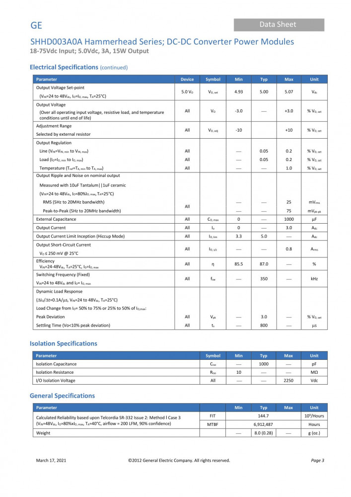 SHHD003A0A4Z datasheet page 3