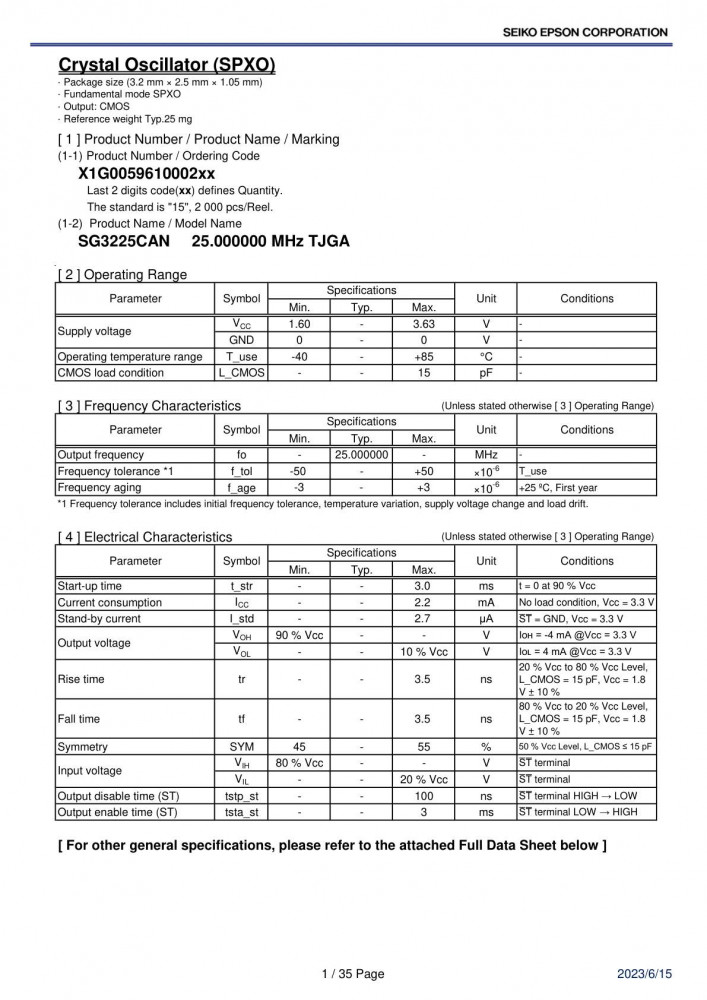 EPSON SG3225CAN datasheet page 1