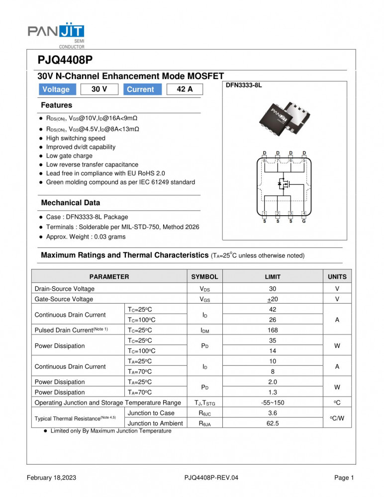 PJQ4408P datasheet page 1