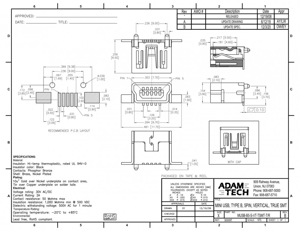 ADAM TECH MUSB-B5-S-VT-TSMT-T/R technical drawing