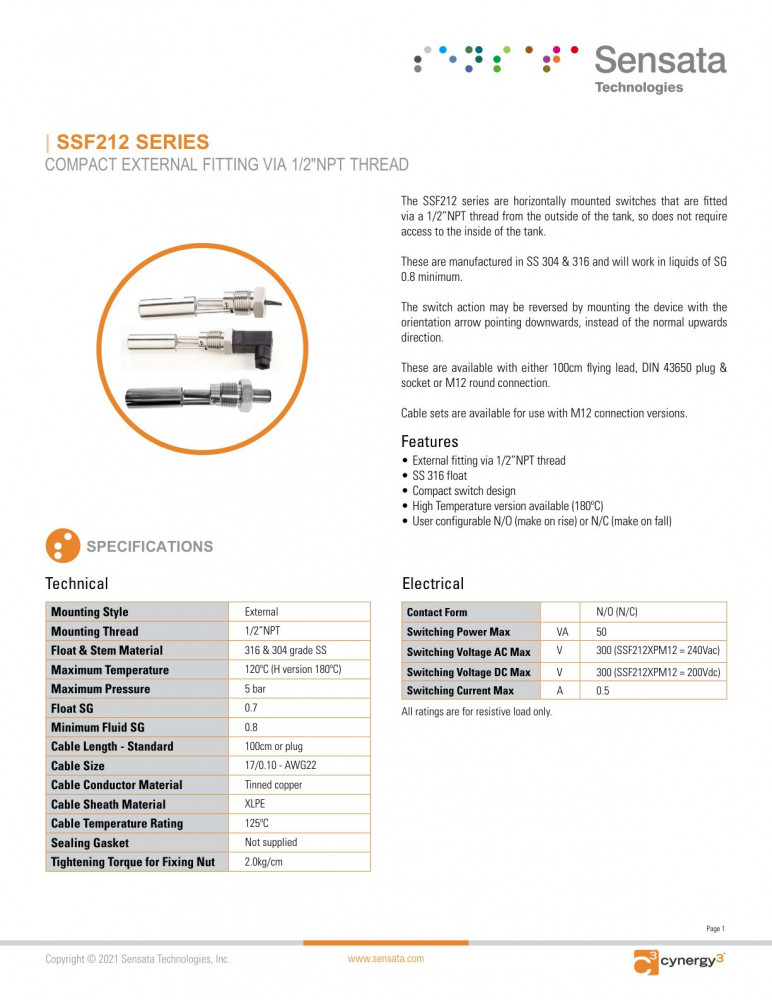 SSF212X100 technical specification page