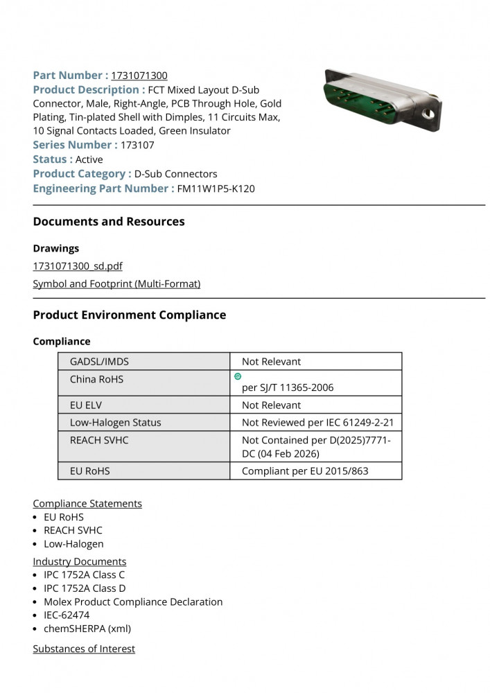MOLEX 1731071300 product drawing page 1