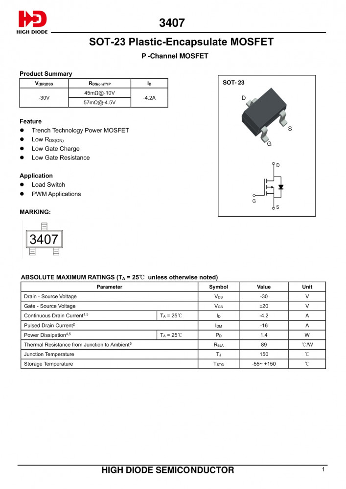 High Diode 3407 datasheet page 1