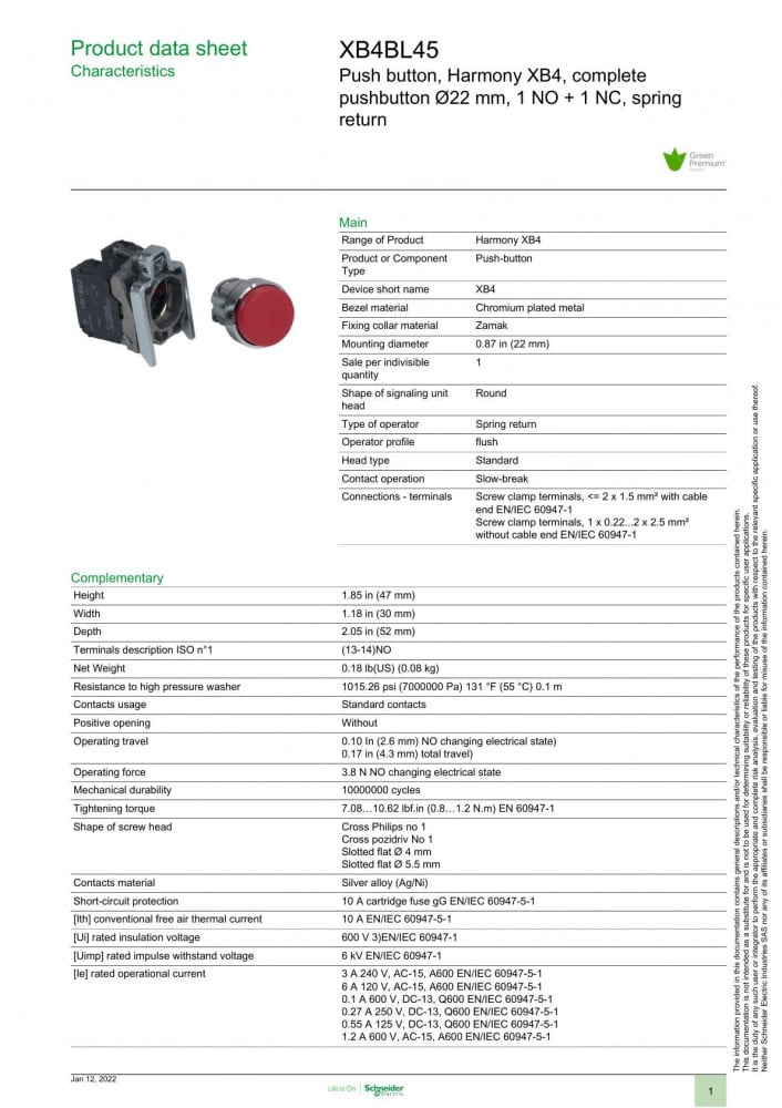 XB4BL45 technical document page 1