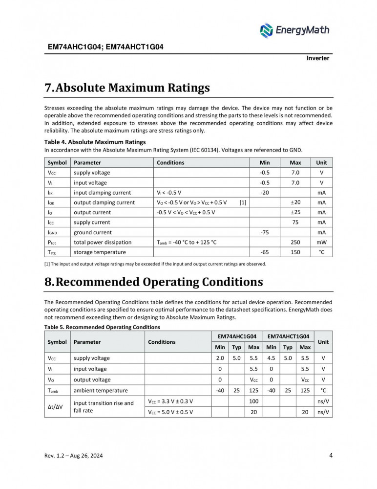 EM74AHCT1G04GV datasheet page 4
