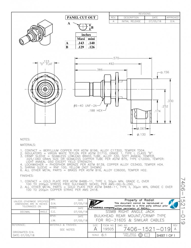 Radiall 7406-1521-019 technical drawing page