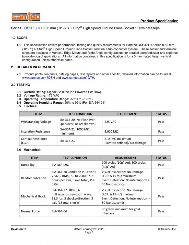 Samtec QTH QSH specification page 2