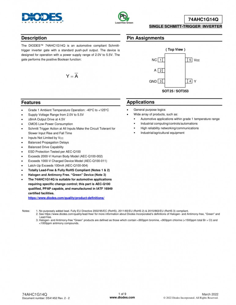 74AHC1G14QSE-7 datasheet page 1