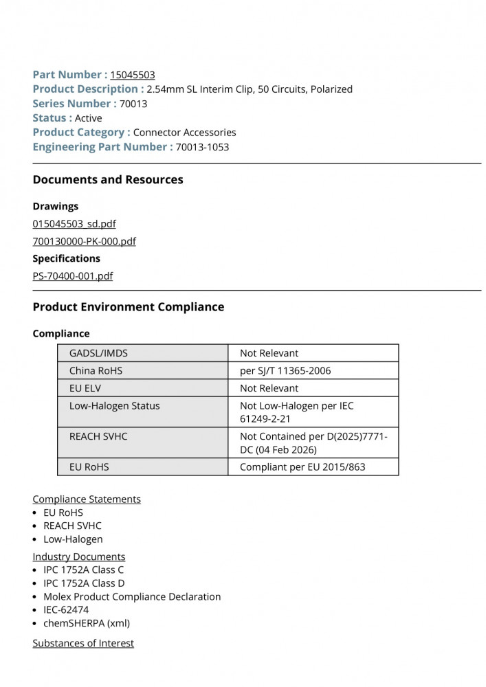 MOLEX SL specification document page 1