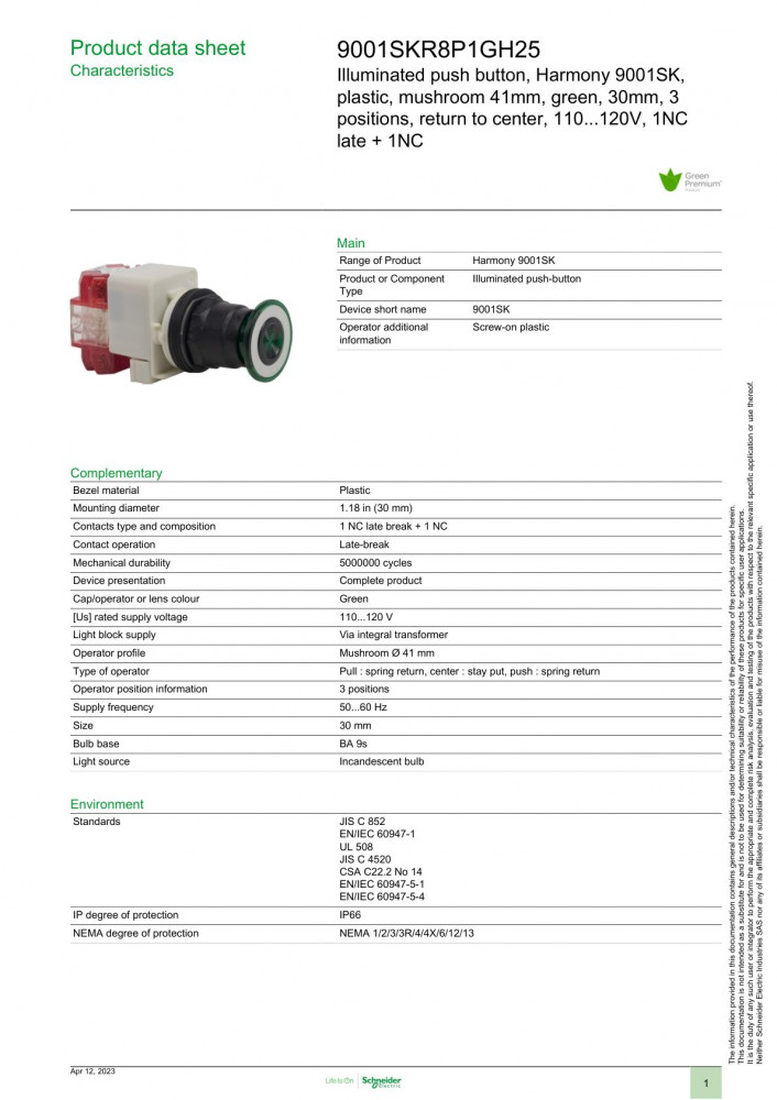 9001SKR8P1GH25 technical document page 1