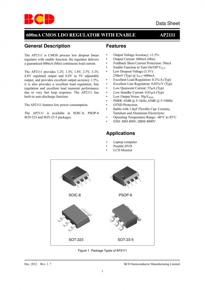 AP2111 datasheet page 1