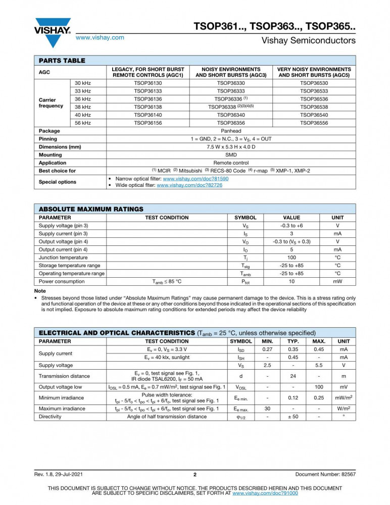 TSOP36138TT datasheet page 2