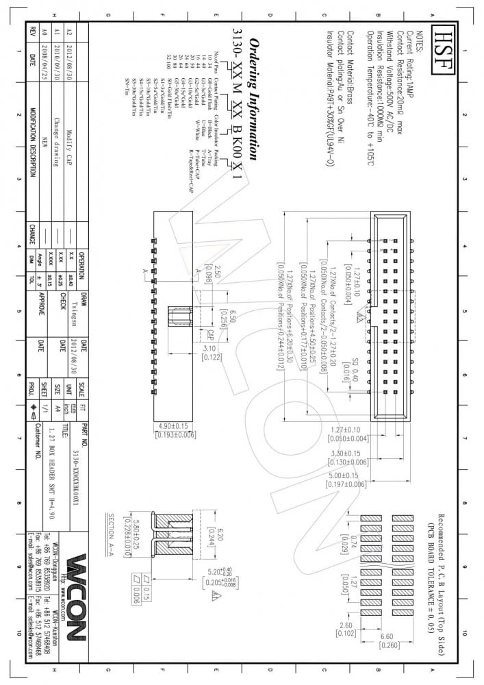 Wcon 3130 series 1.27 mm SMT box header drawing preview