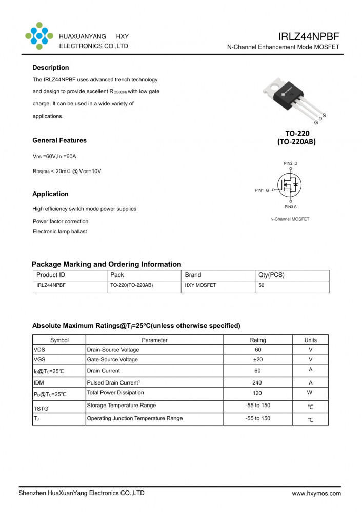 IRLZ44NPBF-HXY datasheet page 1