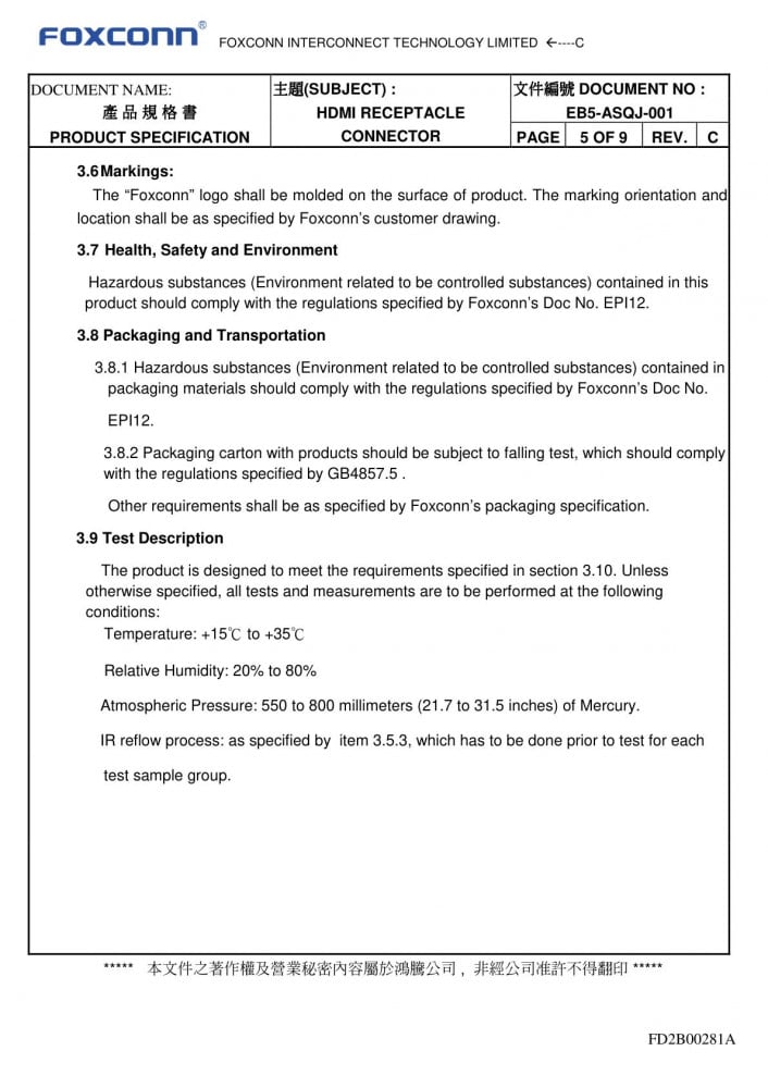 FOXCONN HDMI receptacle specification page 5