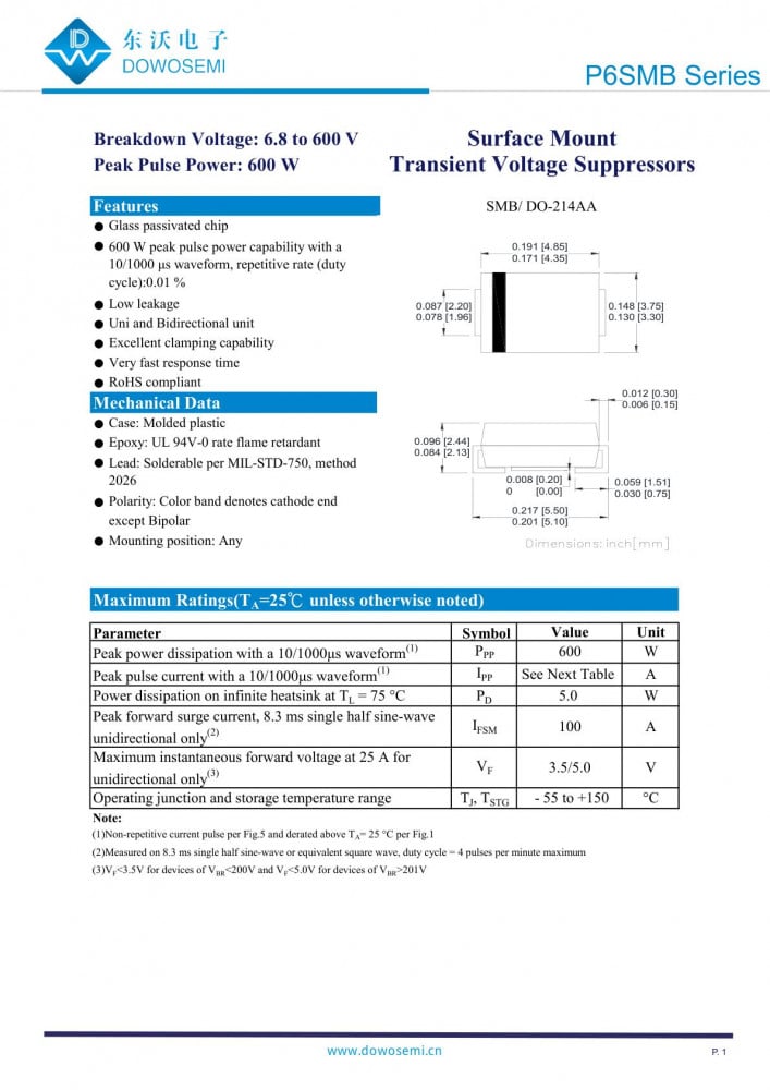 DOWO P6SMB20A datasheet page 1