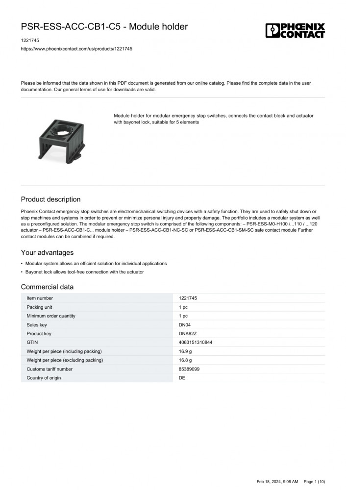 Phoenix Contact 1221745 product document page 1