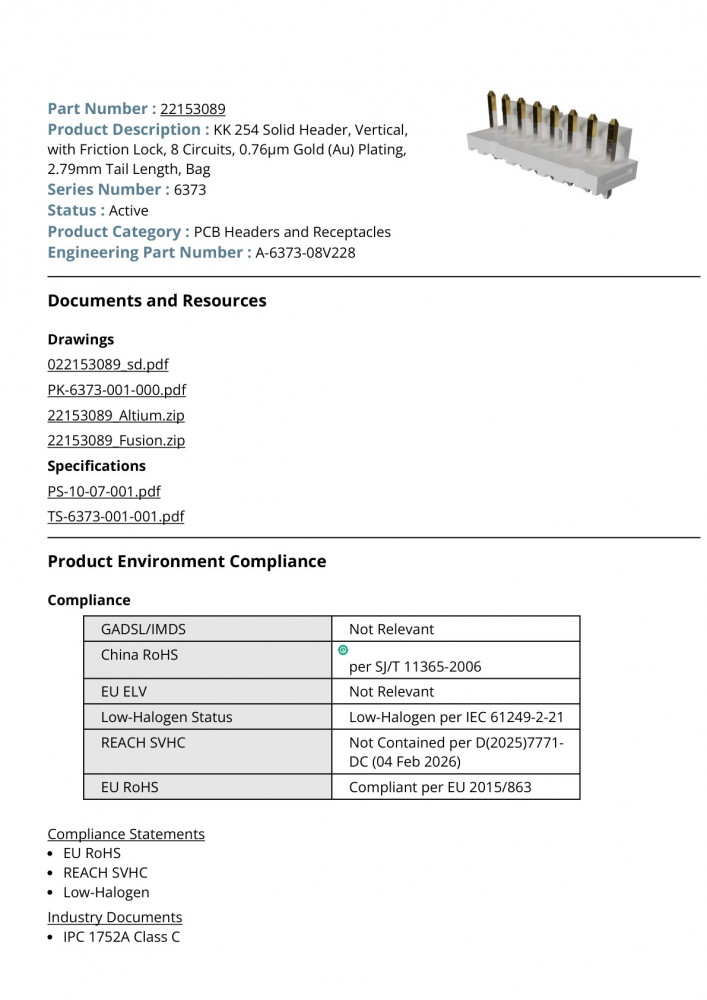 MOLEX 22153089 technical document page 1